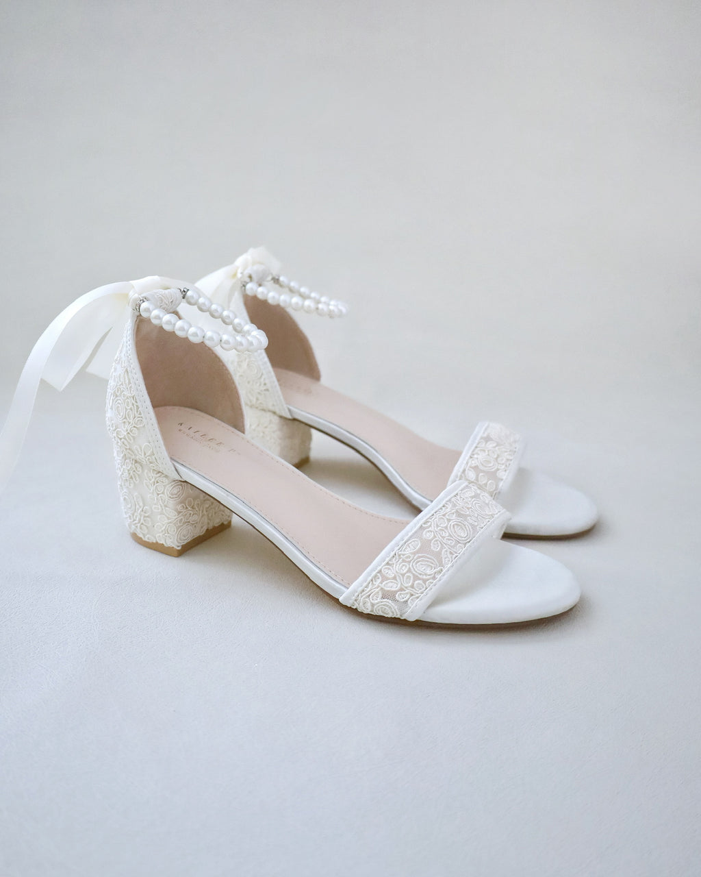 Crochet Lace Block Heel Wedding Sandals with Back Bow, Bridal Heel ...
