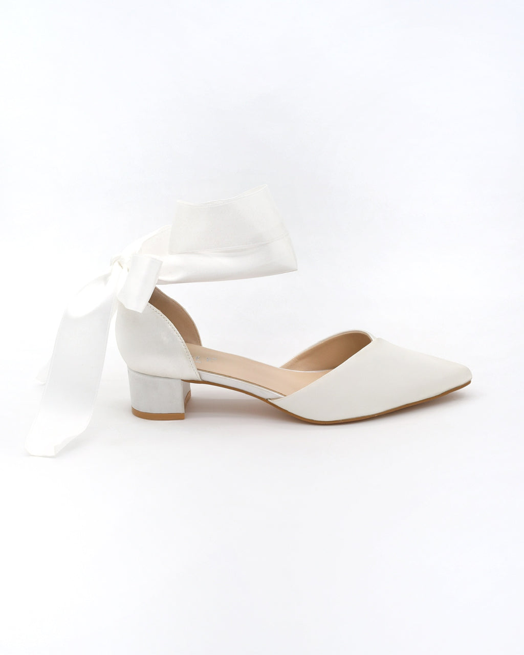 Satin Pointy Toe Low Block Heels Wedding Shoes with Wrapped Ribbon Tie ...