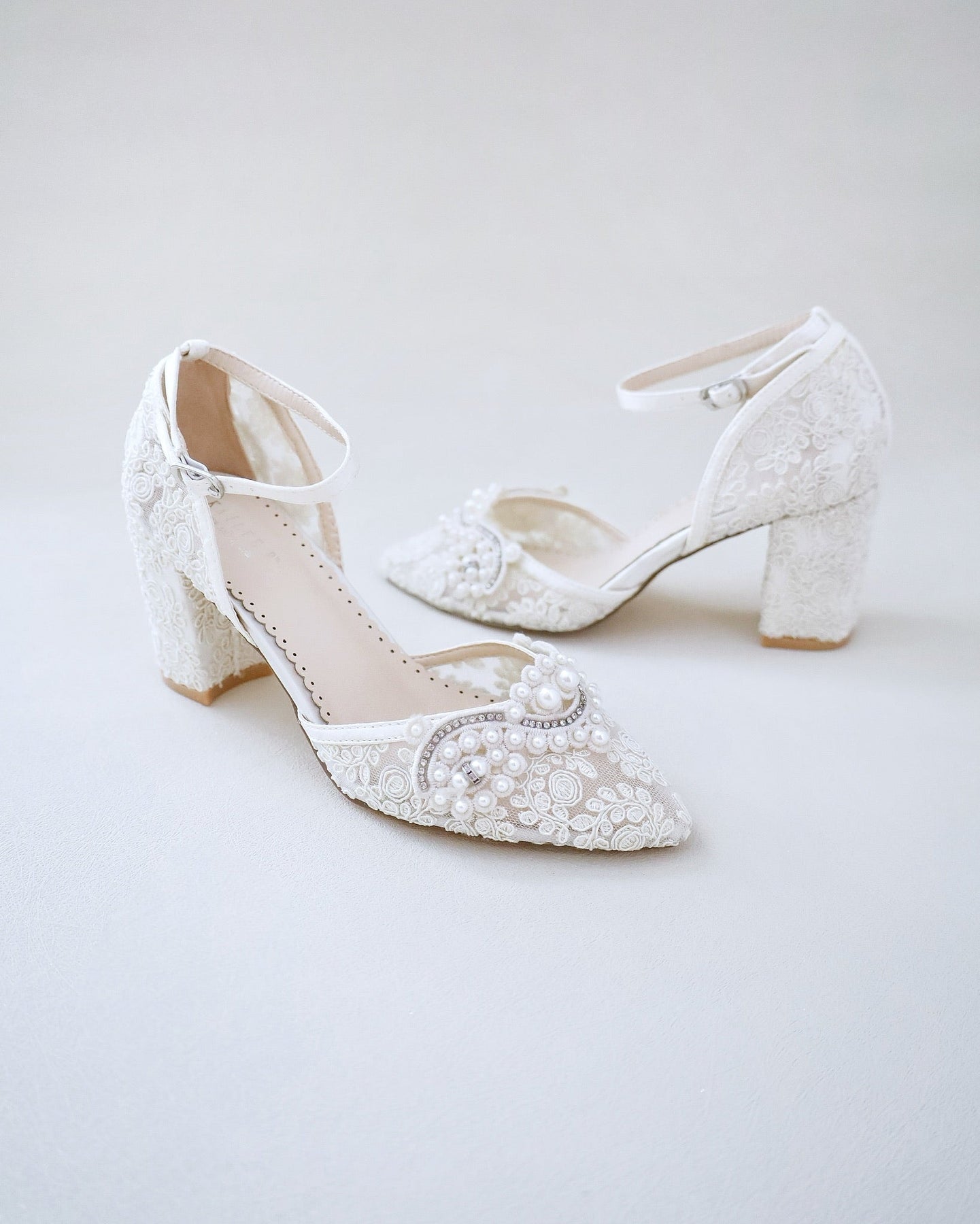 Ivory Lace Block Heel Pearl Ankle Wrap For Brides, Bridal Shoes ...