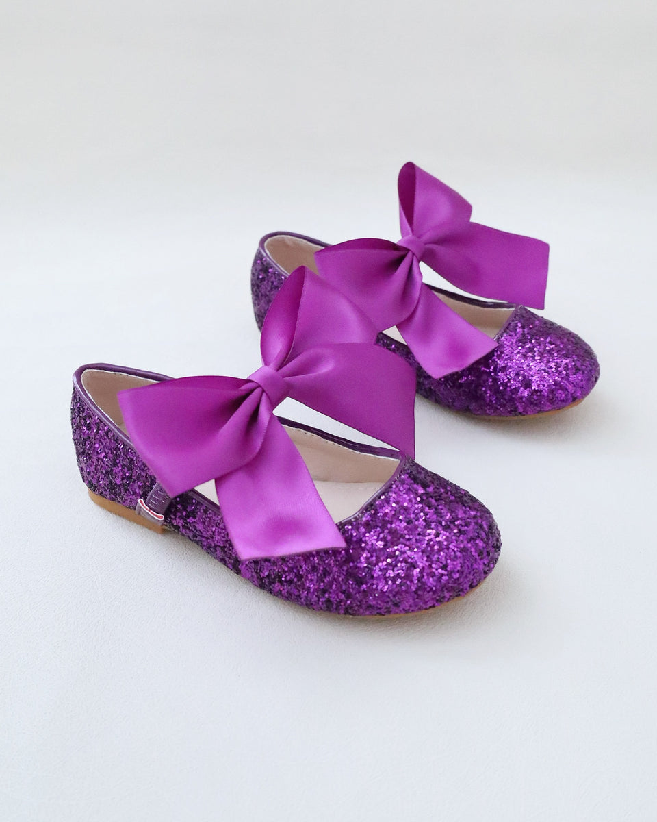 Plum Rock Glitter Mary Jane Ballet Flats with Satin Bow, Birthday Flat ...