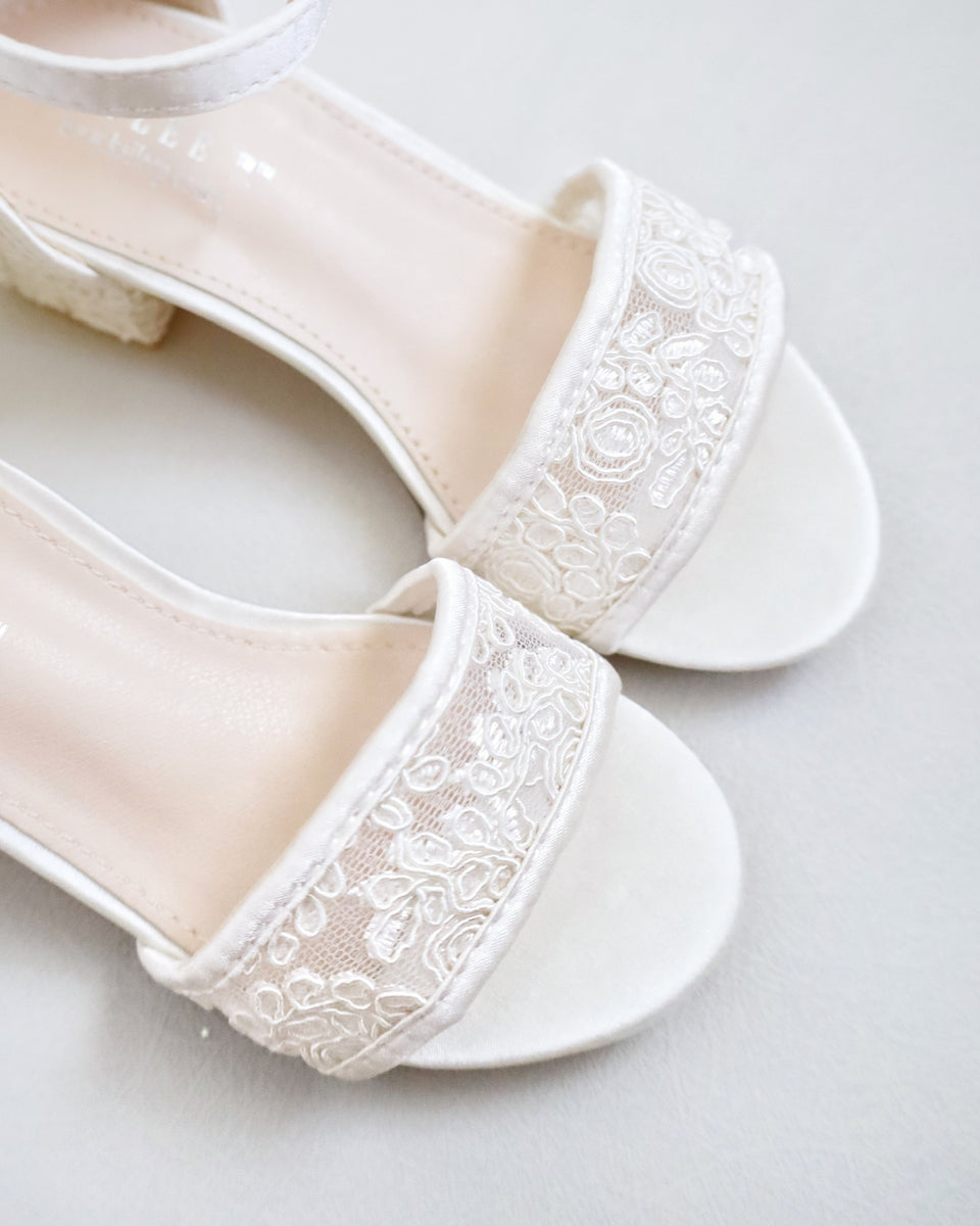 Ivory Crochet Lace Low Block Heel Flower Girls Sandals with Satin Bow ...