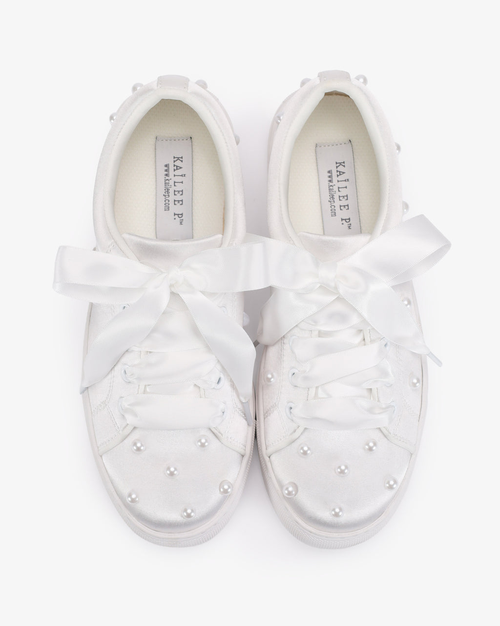 White Satin Wedding Platform Sneakers with Scattered Pearls, Women ...