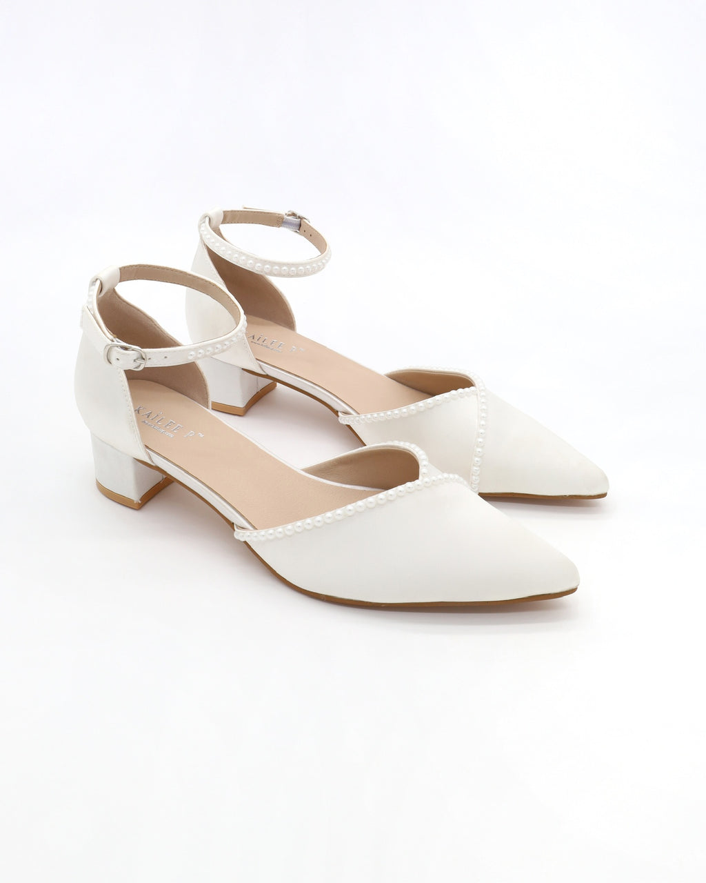 Satin Pointy Toe Low Block Heels Wedding Shoes with Mini Pearls ...