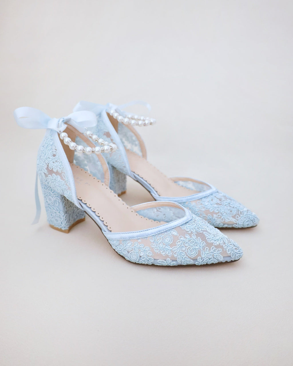 Bridal Lace Block Heel with Pearls Strap – Kailee P. Inc.