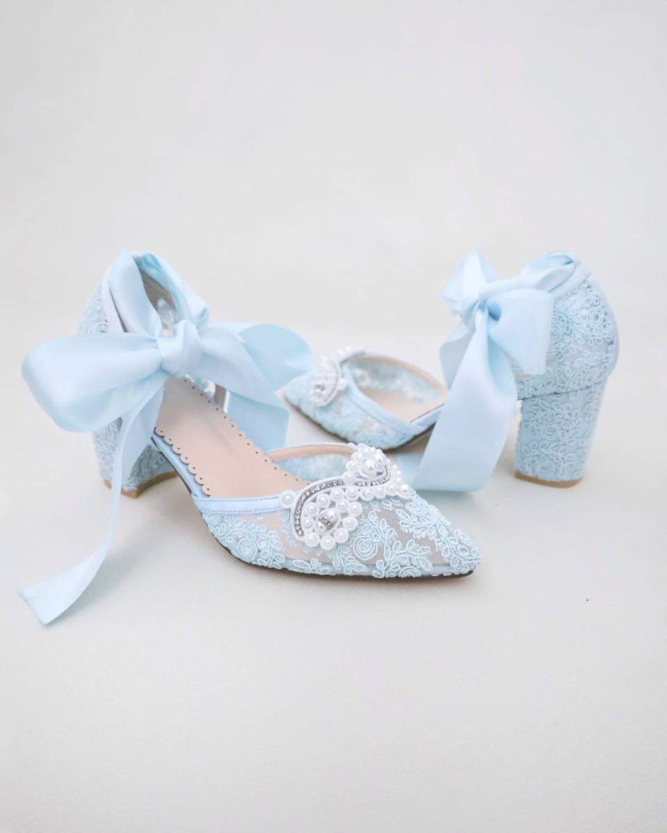 Light Blue Lace Wedding Block Heel with Pearl Detail – Kailee P. Inc.