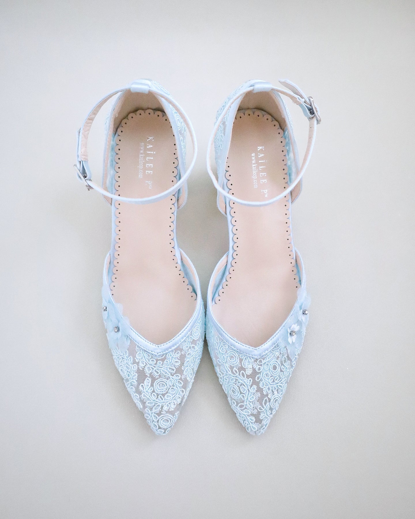 Light Blue Flower Embellished Lace Block Heels Wedding Shoes – Kailee P ...