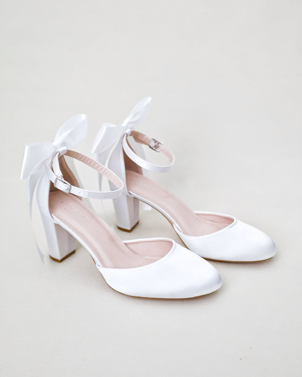 White Satin Wedding Block Heel with Satin Bow, Dyeable Bridal Shoes ...