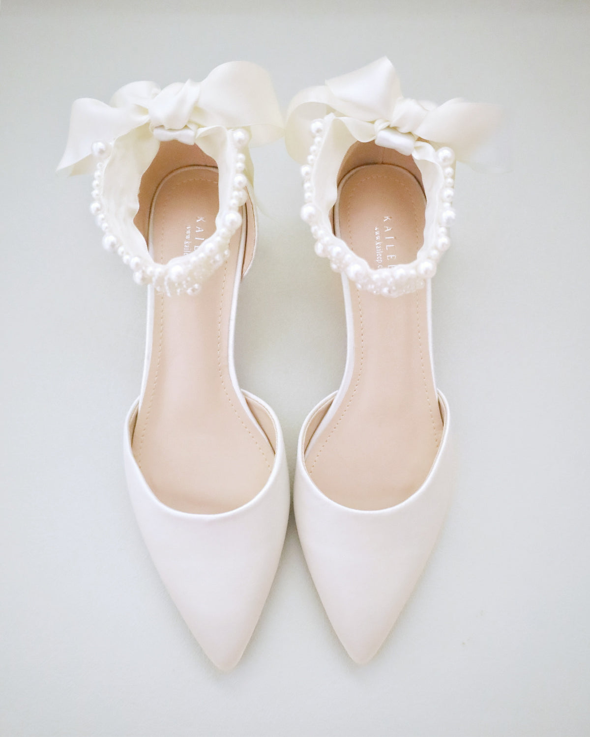 Ivory Satin Pointy Toe Low Heels with Perla Ankle Strap, Bridal Shoes ...