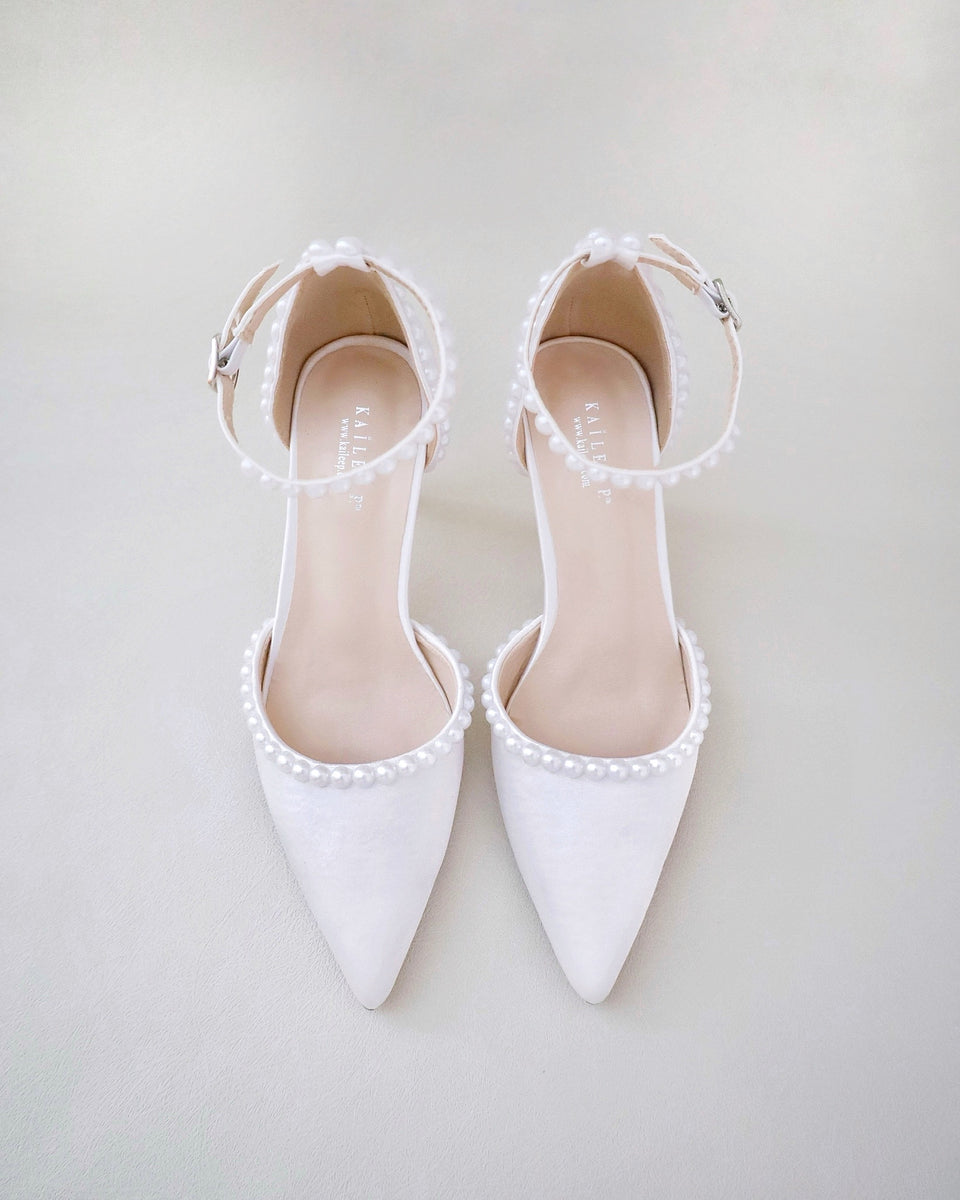 White Pearls Satin Wedding Heels, Bridal Shoes, Bridal Shoes – Kailee P ...