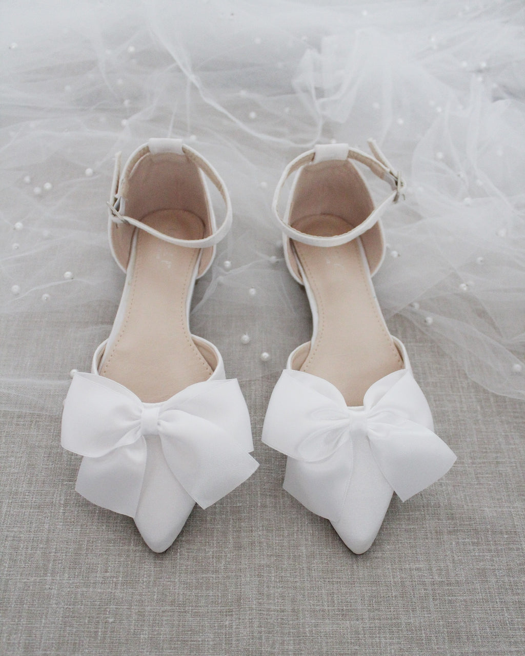 White Satin Pointy Toe Flats with Front Satin Bow - Wedding Shoes ...