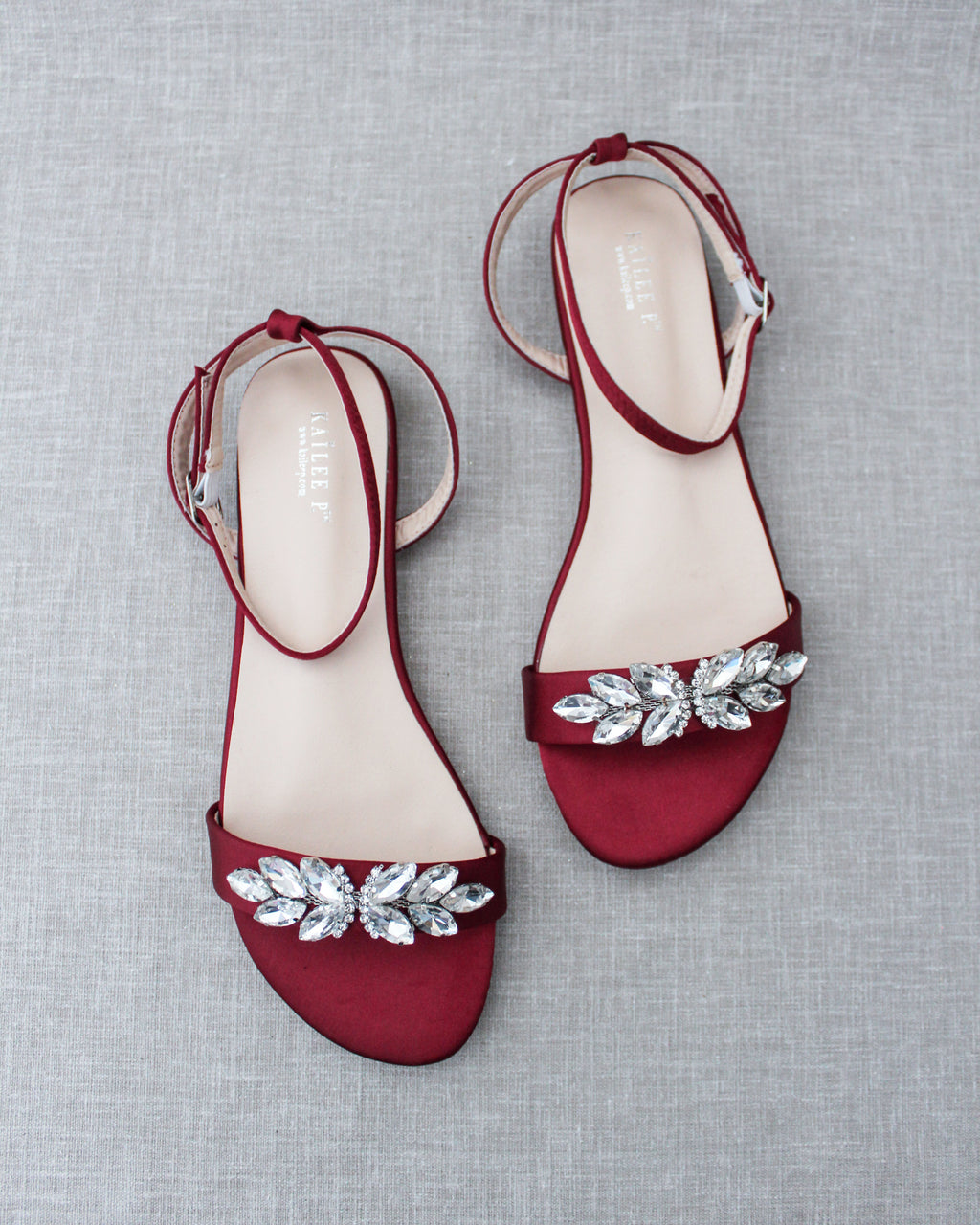 Burgundy Satin Flat Sandal with Butterfly Brooch, Bridesmaids Sandals ...