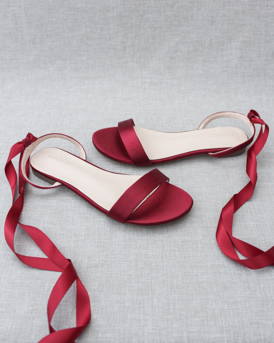 Burgundy Satin Flat Sandal with Ballerina Lace Up - Wedding Sandals ...