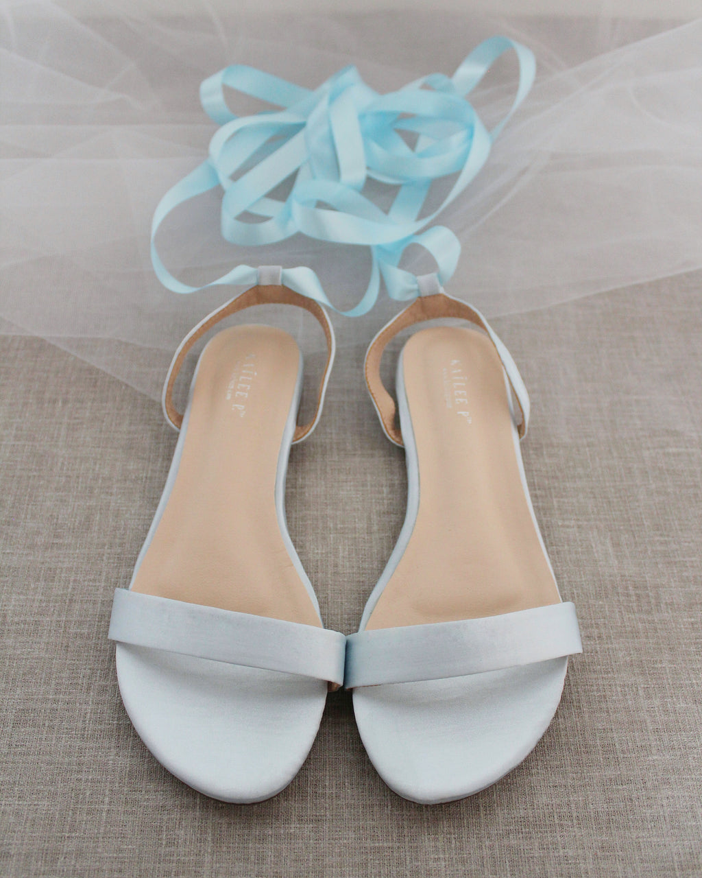 Light Blue Satin Flat Sandal with Ballerina Lace Up, Bridal Sandals ...