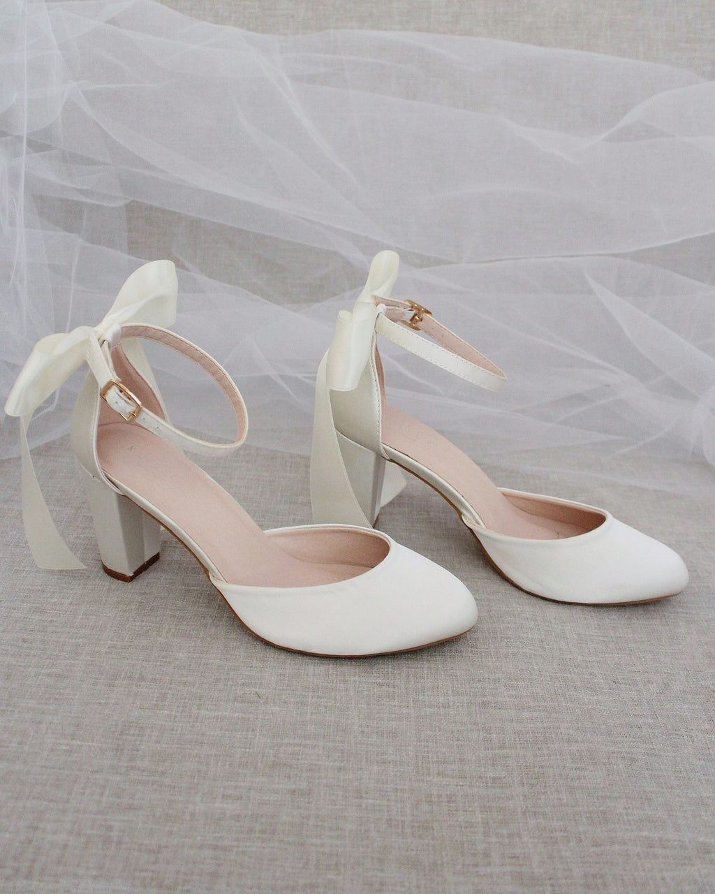 Ivory Satin Block Heel with Satin Back Bow, Women Shoes, Wedding Shoes ...