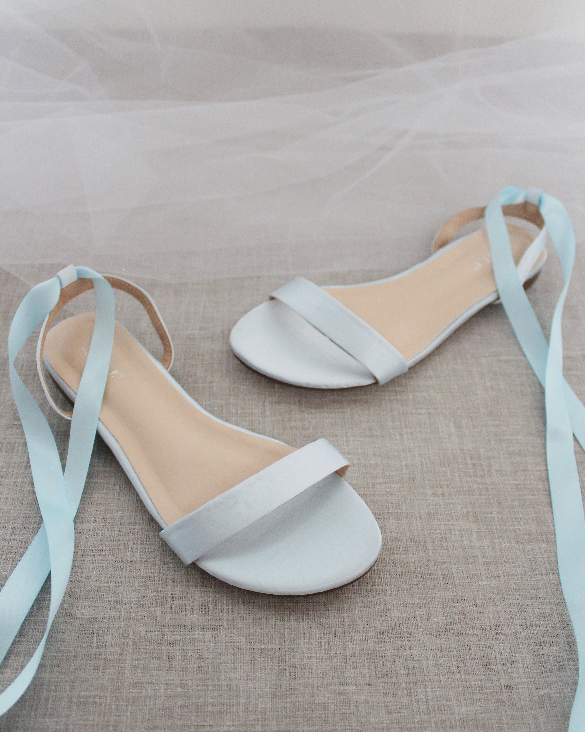 Light Blue Satin Flat Sandal with Ballerina Lace Up, Bridal Sandals ...