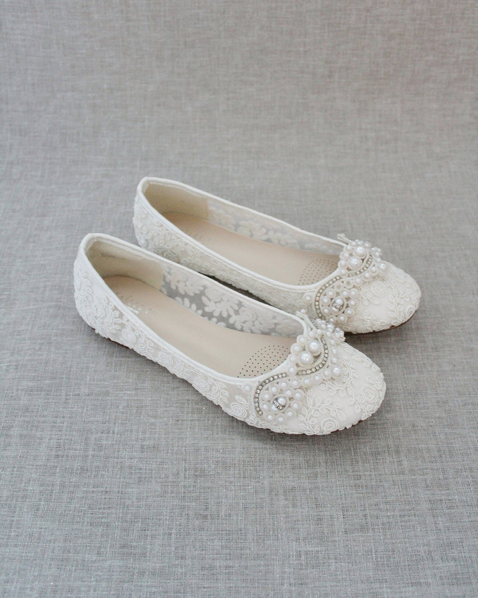 Ivory Lace Round Toe Flats with Small Pearls Applique - Women Shoes ...