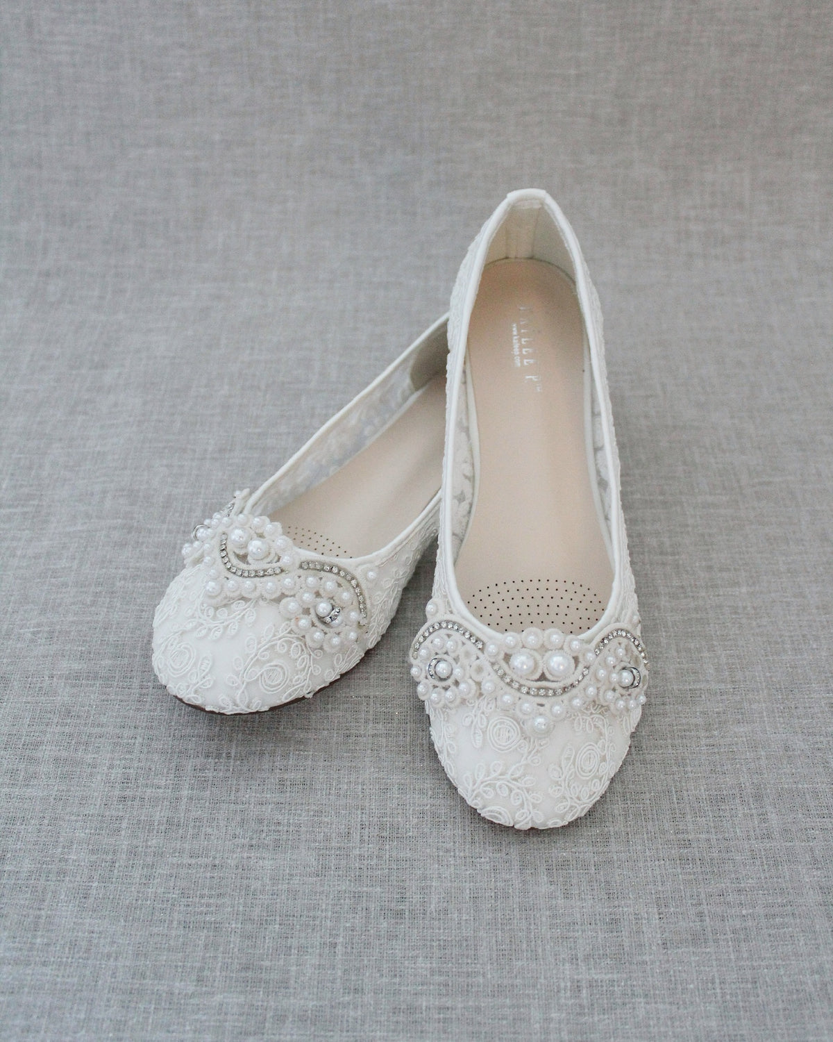 Ivory Lace Round Toe Flats with Small Pearls Applique - Bridal shoes ...