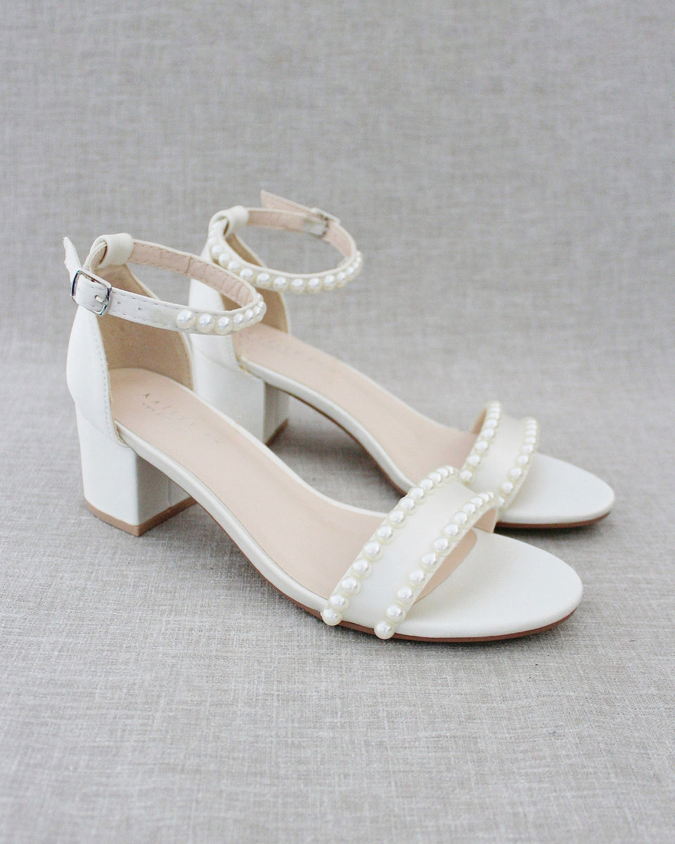 Ivory Satin Block Heel Sandals with Pearls - Women Sandals, Wedding ...