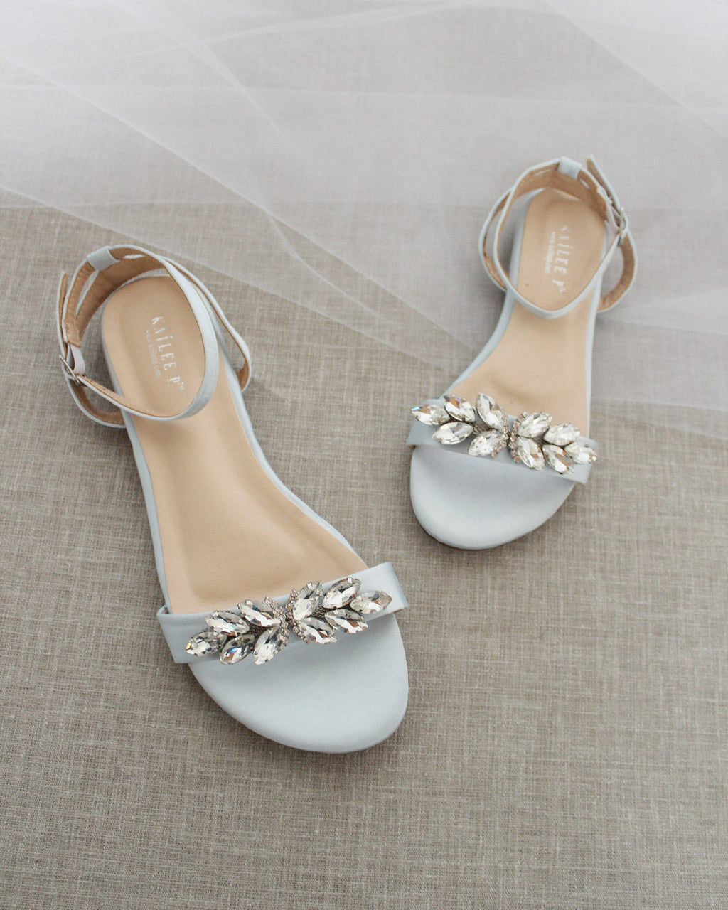 Light Blue Satin Flat Sandal with Butterfly Brooch, Bridesmaid Sandals ...
