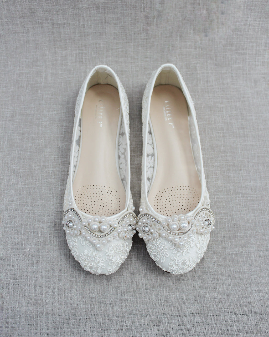 Ivory Lace Round Toe Flats with Small Pearls Applique - Bridal shoes ...