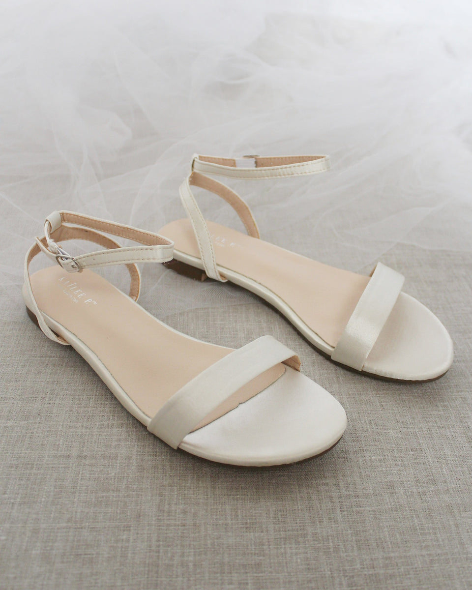 Ivory Satin Flat Sandal with Ankle Strap - Women Sandals, Wedding ...