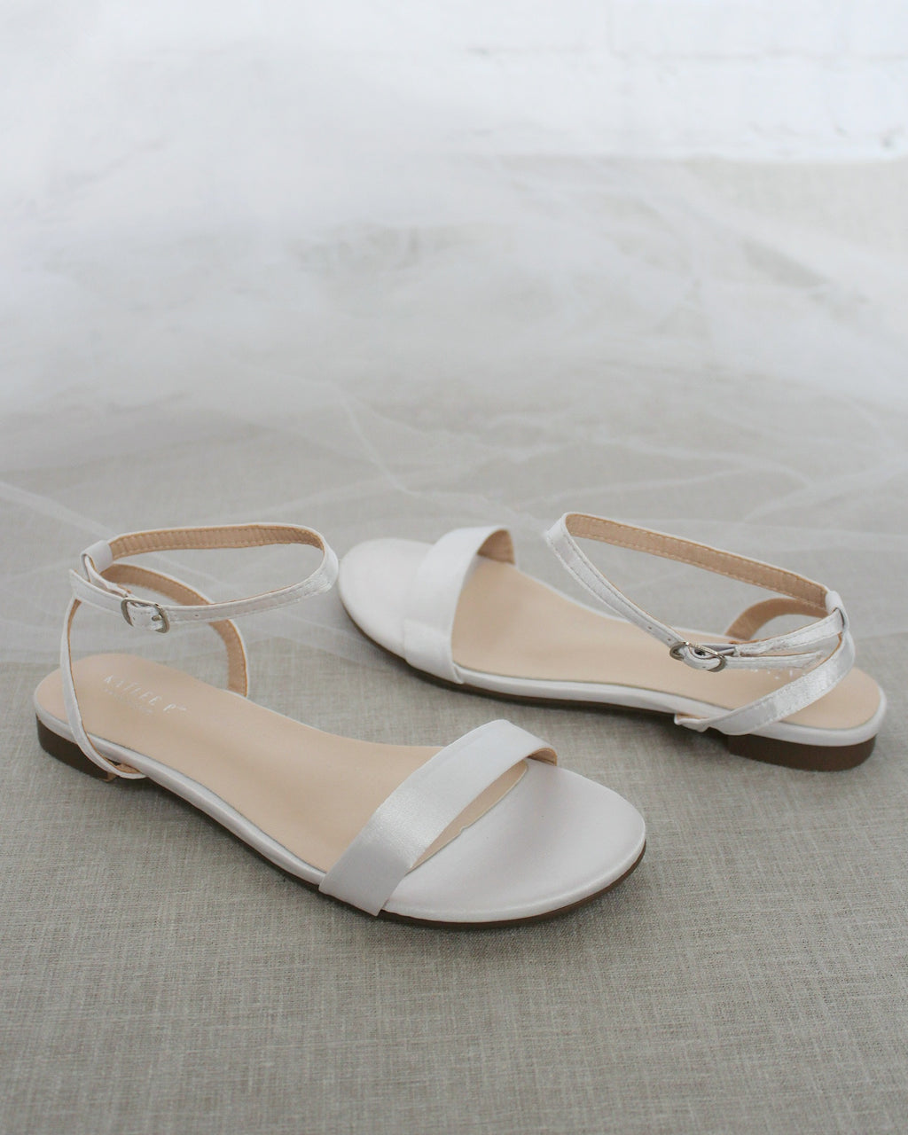 White Satin Flat Sandal with Ankle Strap, Wedding Sandals, Bridal Flat ...