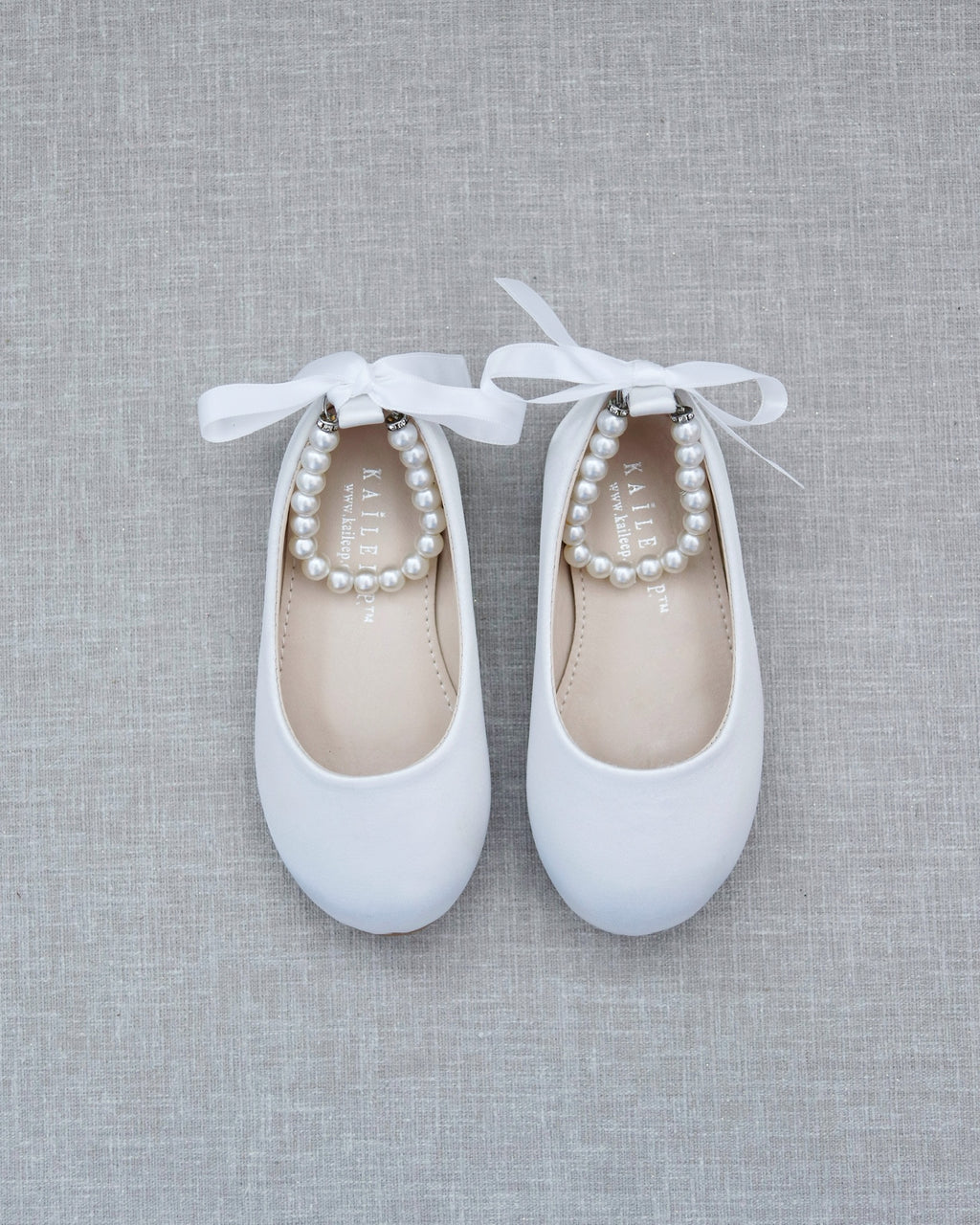 White Satin Flats with Pearls Ankle Strap, Girls Shoes, Baptism Shoes ...