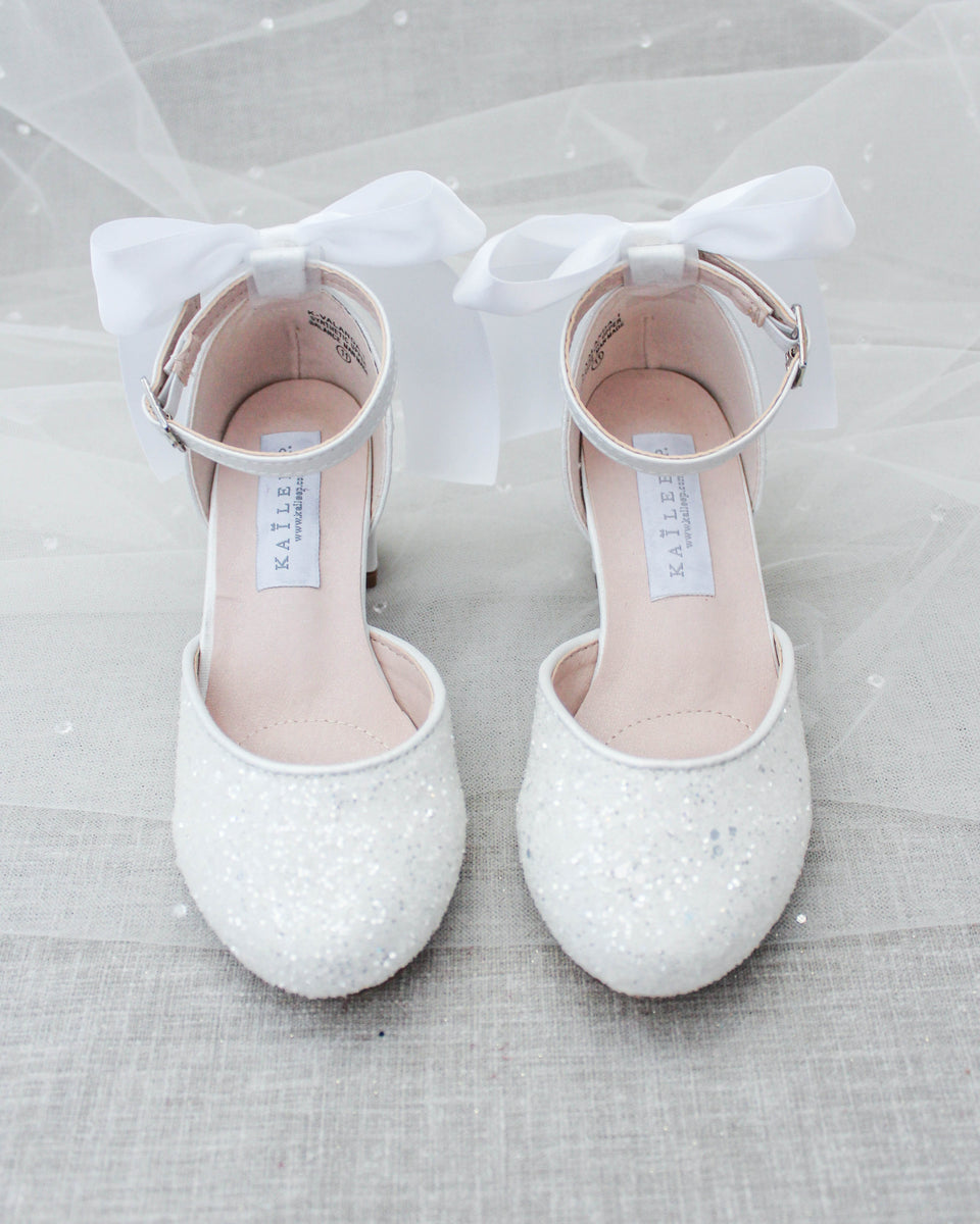 White Rock Glitter Kids Block Heel with Satin Back Bow, Birthday Shoes ...