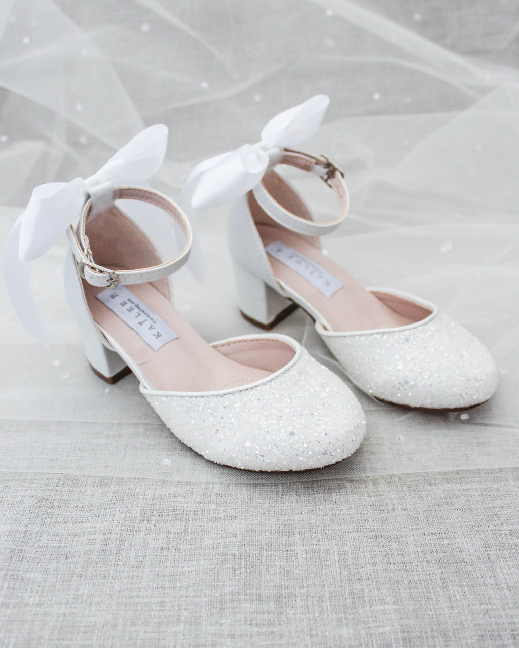White Rock Glitter Kids Block Heel with Satin Back Bow, Birthday Shoes ...