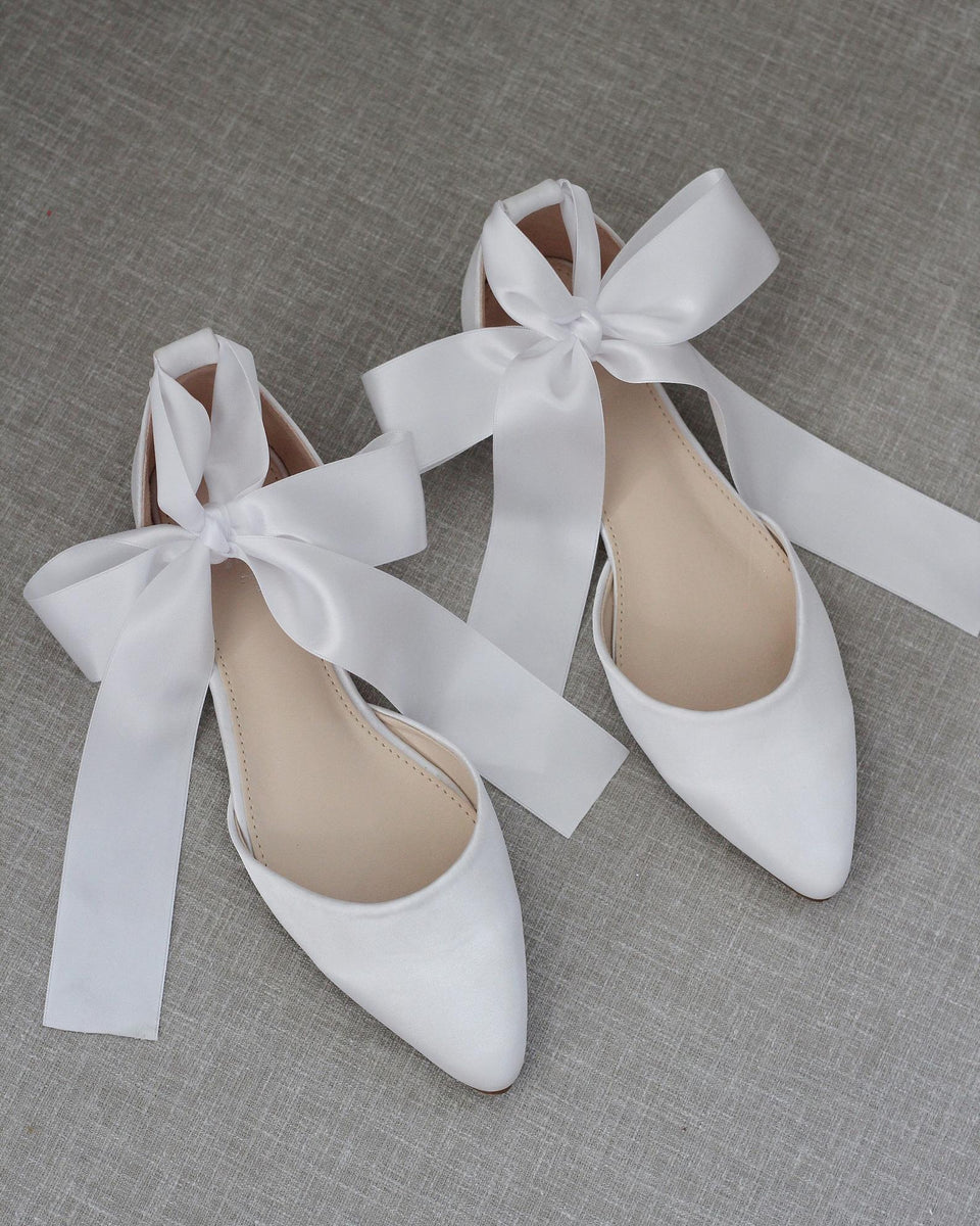 White Satin Pointy Toe Flats with Satin Ankle Tie or Ballerina Lace Up ...