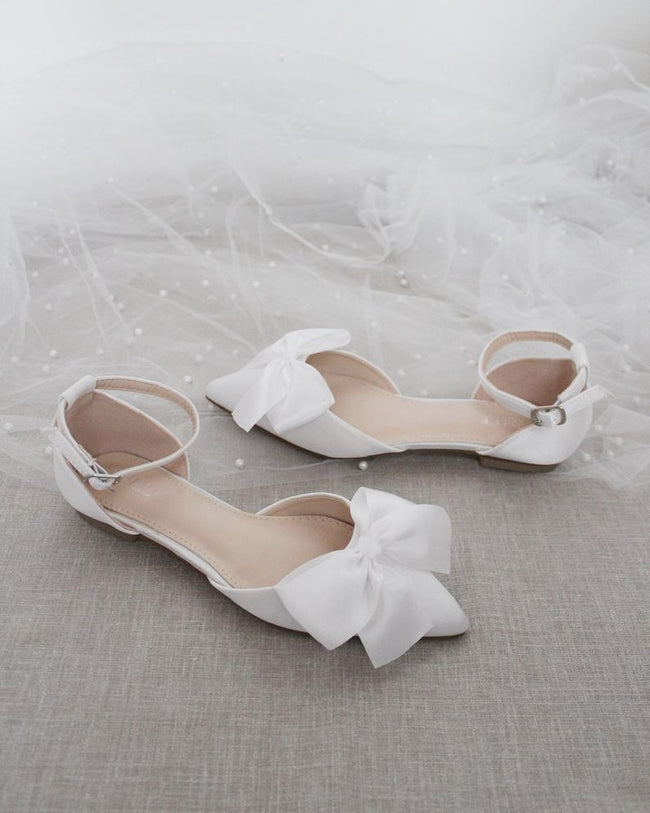White Satin Pointy Toe Flats with Front Satin Bow - Wedding Shoes ...