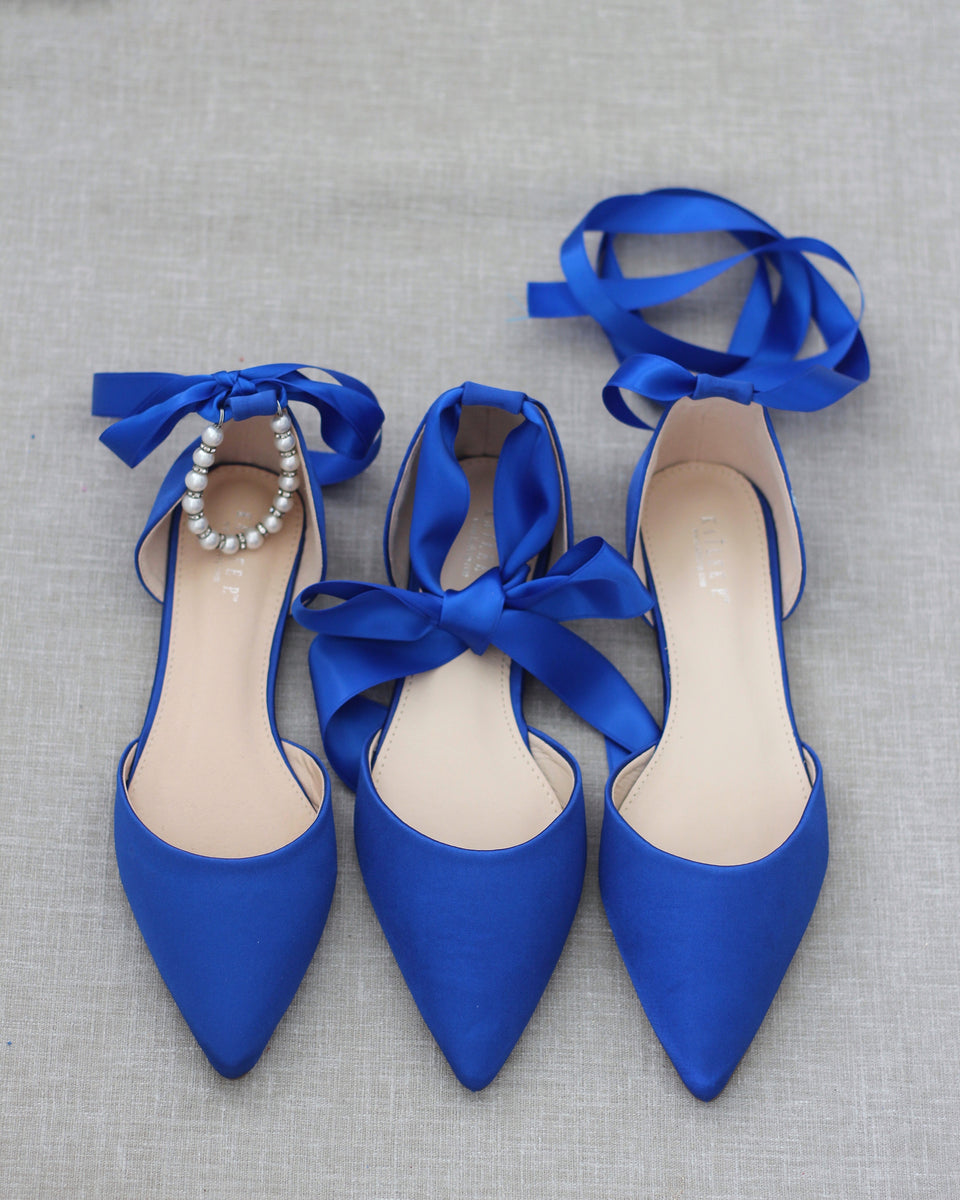 Royal Blue Satin Pointy Toe Flats with Satin Ankle Tie or Ballerina La ...