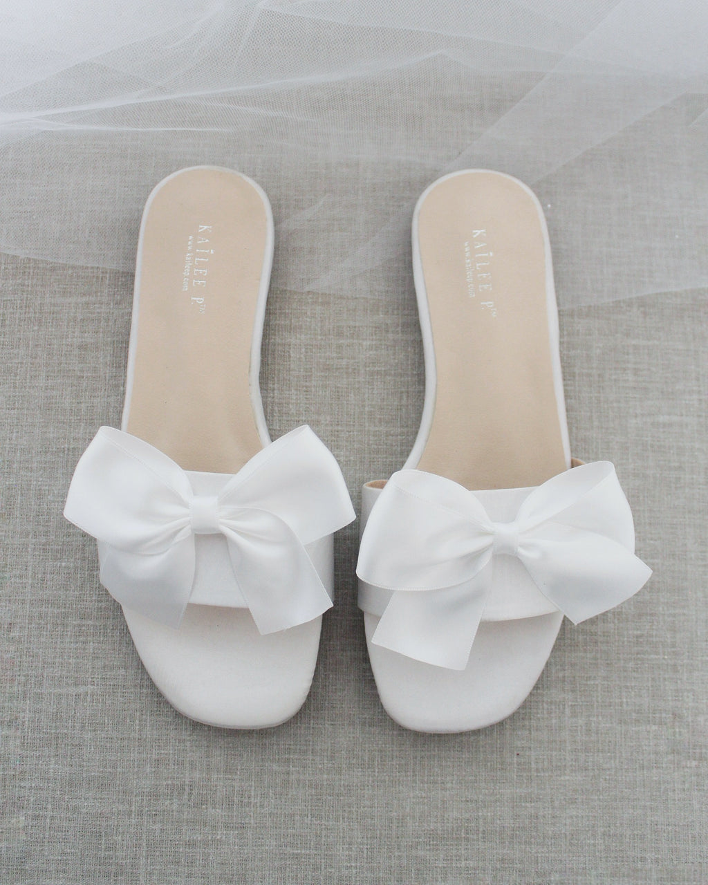 White Satin Slip on Wedding Sandals with Satin Bow, Bridal Sandals ...