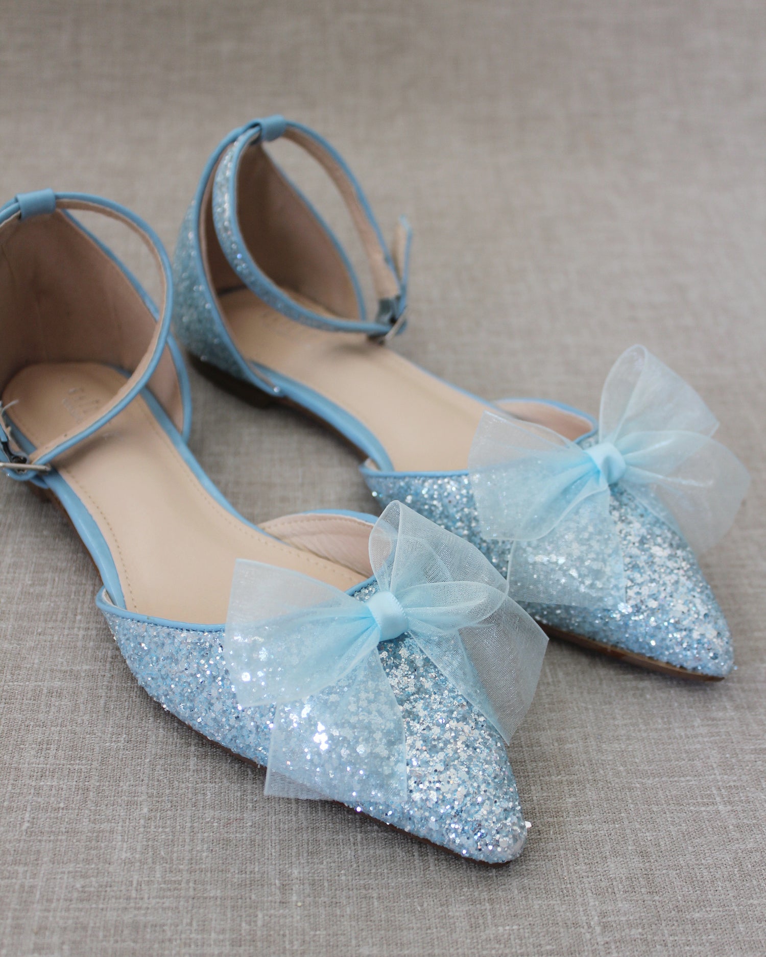 Light Blue Rock Glitter Pointy Toe Flats with Organza Bow, Bridal Flat ...