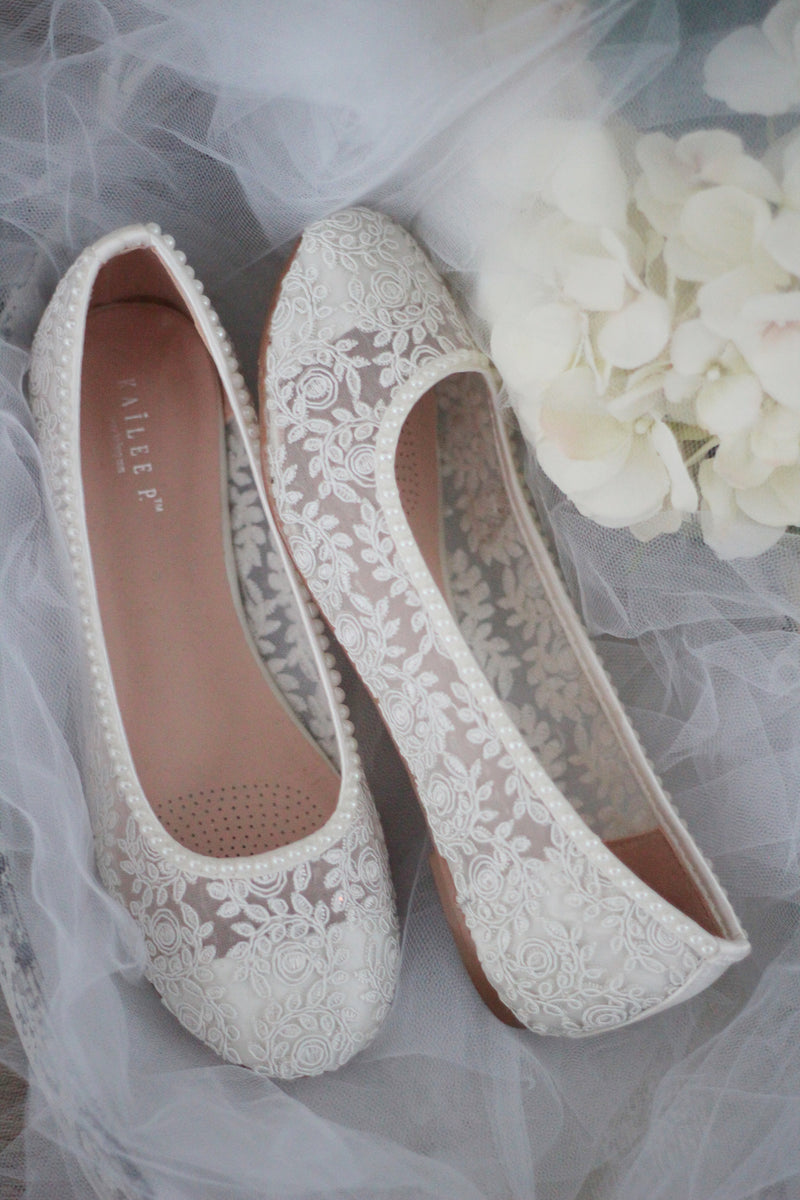 Ivory Crochet Lace Round Toe Flats with Mini Pearls - Women Shoes ...