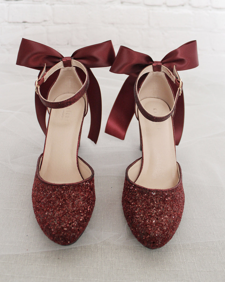 Burgundy Rock Glitter Block Heel with Back Satin Bow - Women Shoes ...