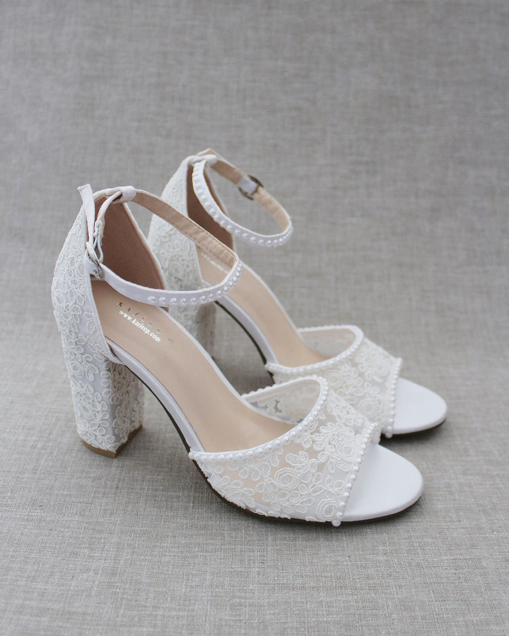 Crochet Lace Block Heel Sandals with Mini Pearls, Bridal shoes – Kailee ...